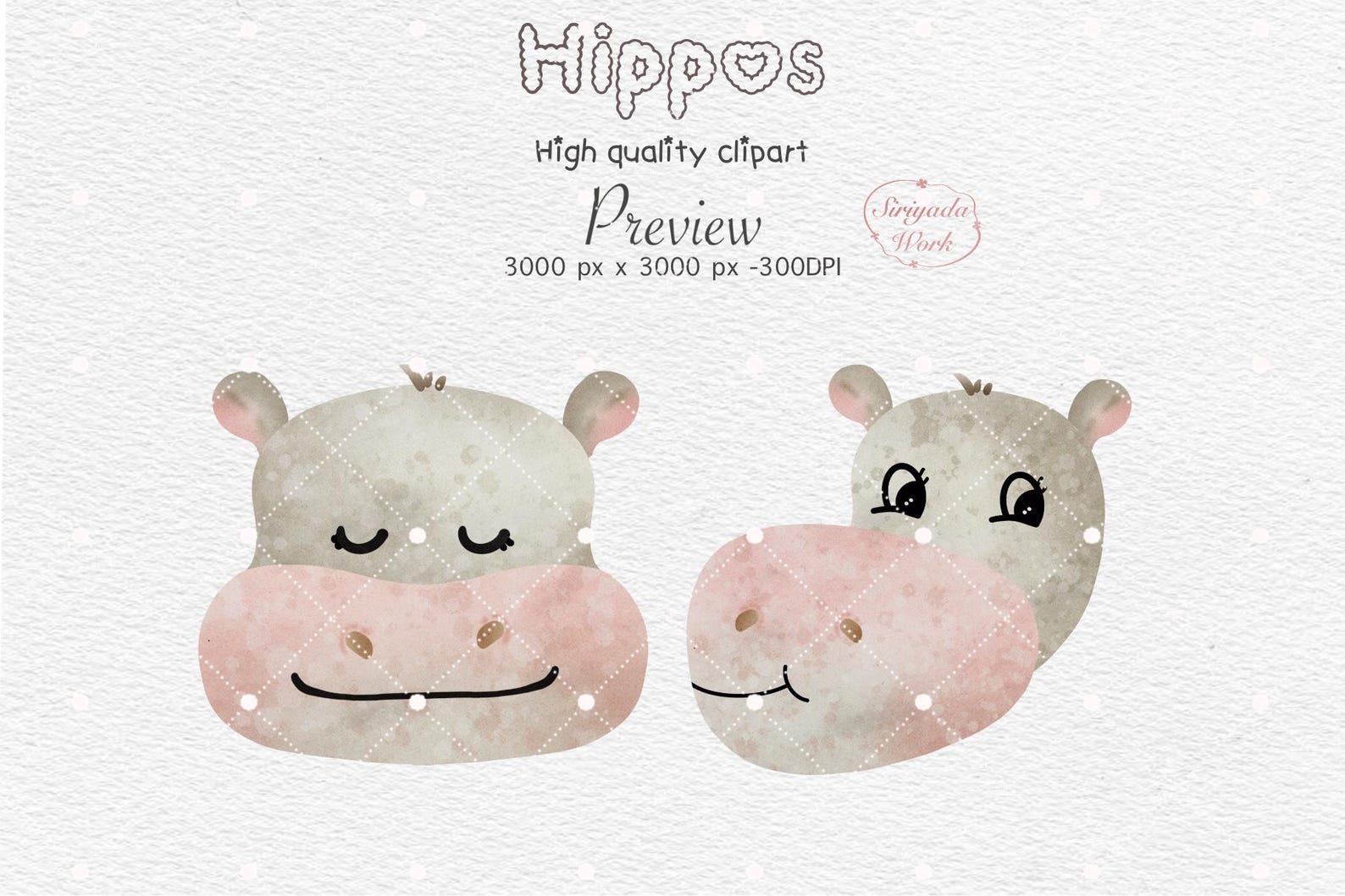 Watercolor Hippos Clipart, Baby Hippo Clipart, Kawaii Hippo ...