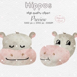 Watercolor Hippos Clipart, Baby Hippo Clipart, Kawaii Hippo ...