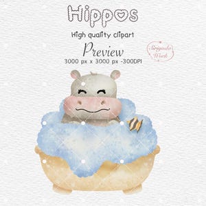 Watercolor Hippos Clipart, Baby Hippo Clipart, Kawaii Hippo ...