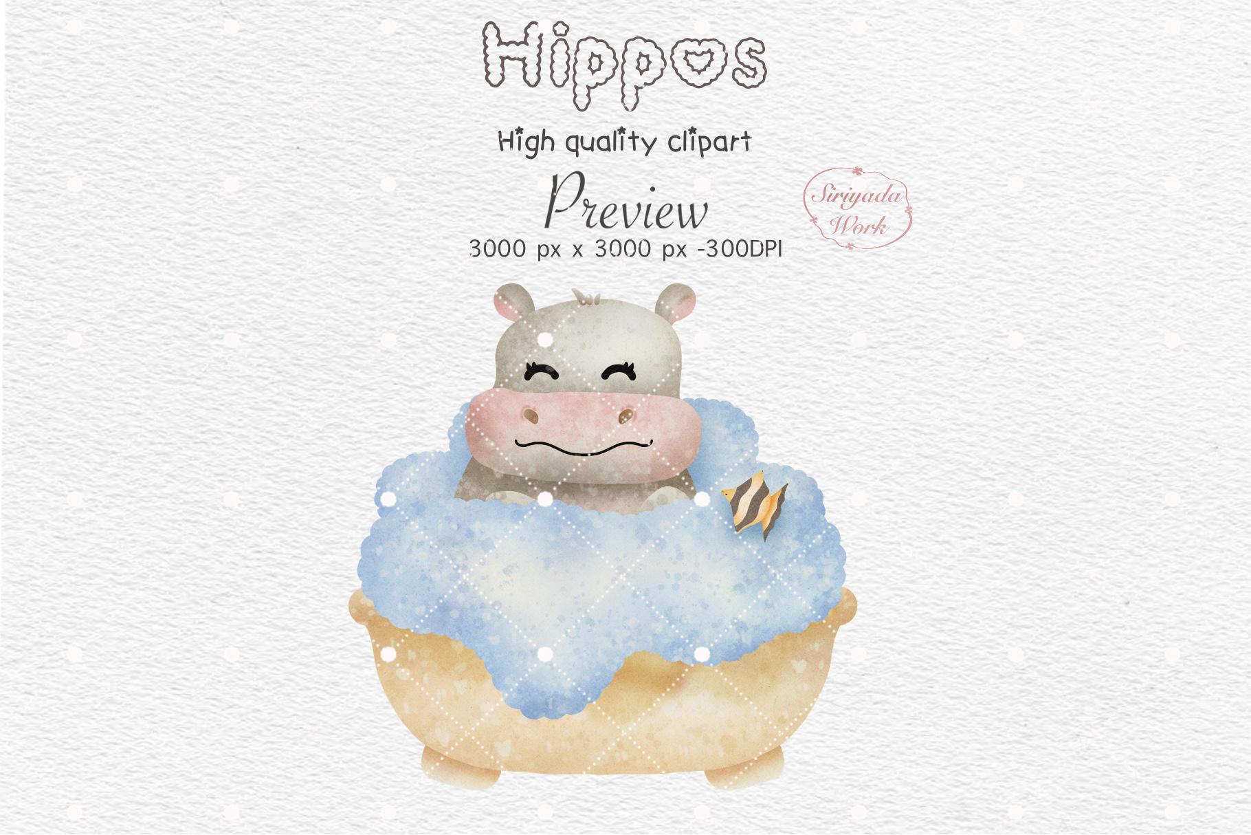 Watercolor Hippos Clipart, Baby Hippo Clipart, Kawaii Hippo ...