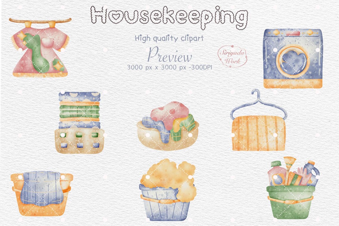 Watercolor Housekeeping Clipart, Cleaning PNG, Laundry Clipart, House ...