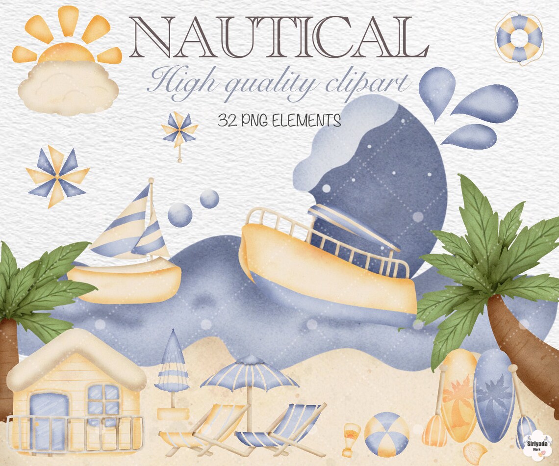 Watercolor Nautical Clipart, Beach Clipart, Travel Clipart, Ocean ...