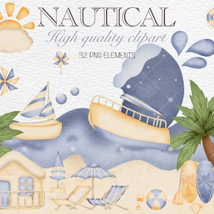 Watercolor Nautical Clipart, Beach Clipart, Travel Clipart, Ocean ...