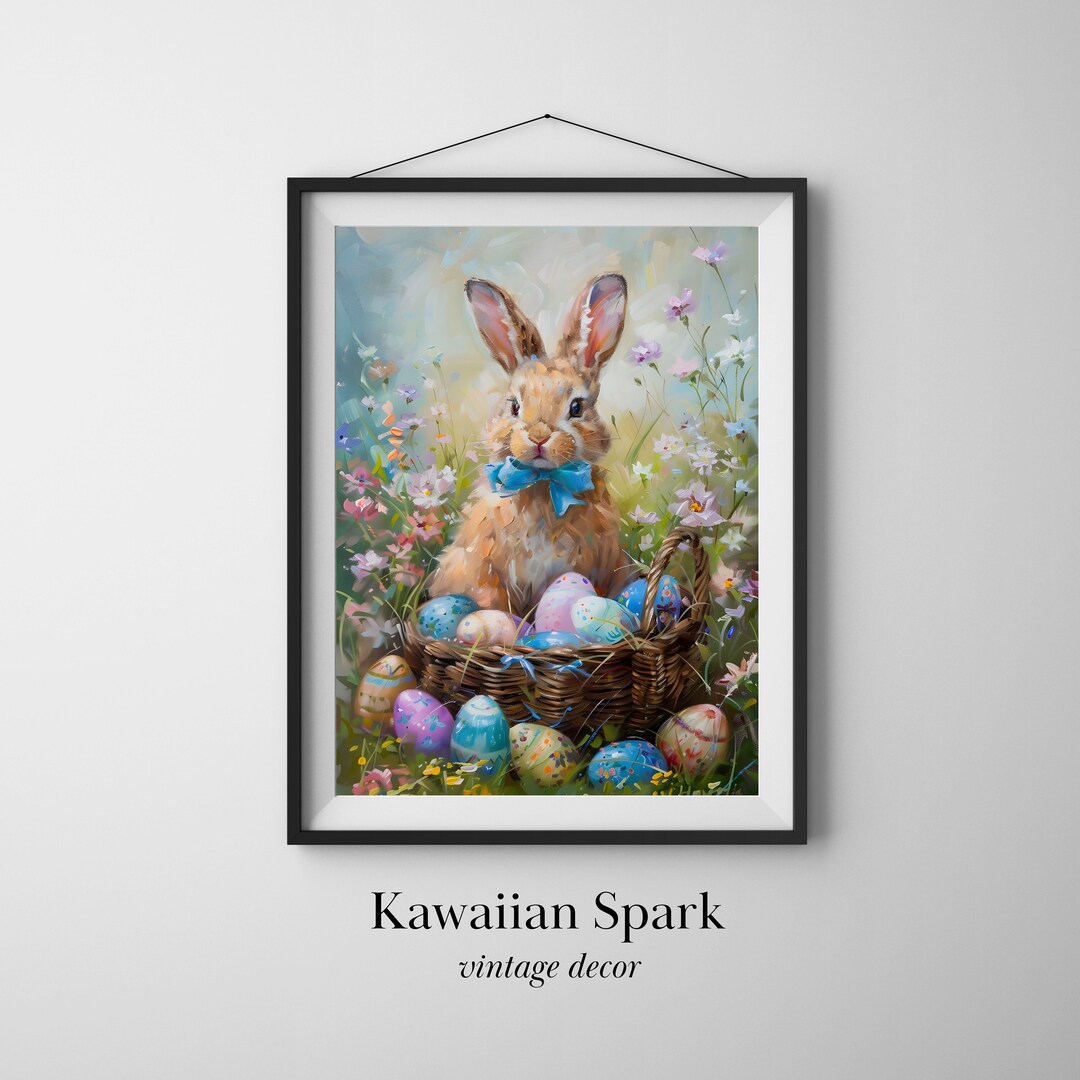 Cute Easter Bunny Printable Wall Art Easter Basket With Eggs Decor ...