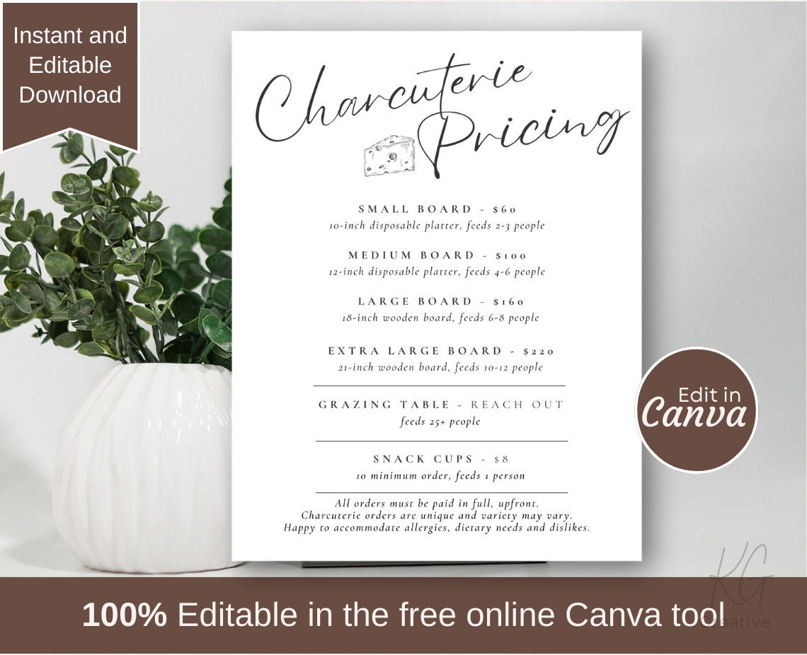 Charcuterie Pricing Sheet Template, Editable Canva Menu (digital ...