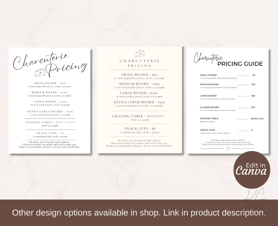 Charcuterie Price Sheet, Editable Pricing Sheet, Editable Price List ...