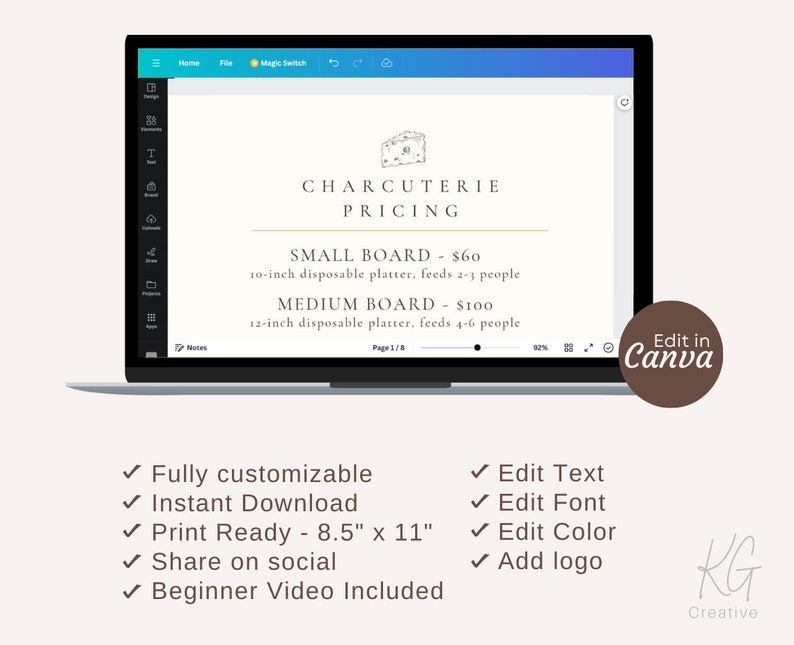 Charcuterie Price Sheet, Editable Pricing Sheet, Editable Price List ...