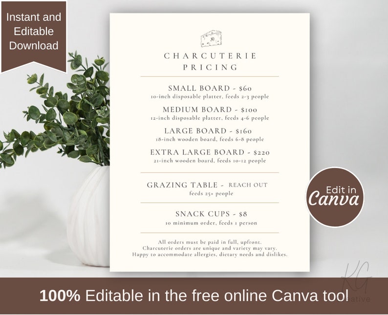 Charcuterie Price Sheet, Editable Pricing Sheet, Editable Price List ...
