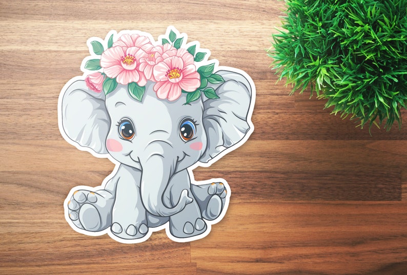 Cute Elephant Sticker With Pink Floral Crown, Decorative Cartoon Animal ...