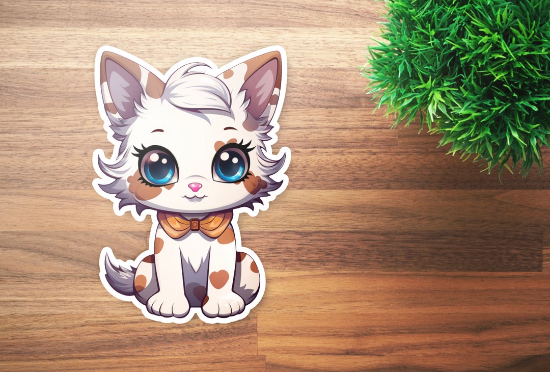 Cute Cartoon Cat Sticker, Adorable Kitten Decal With Blue Eyes, Heart ...