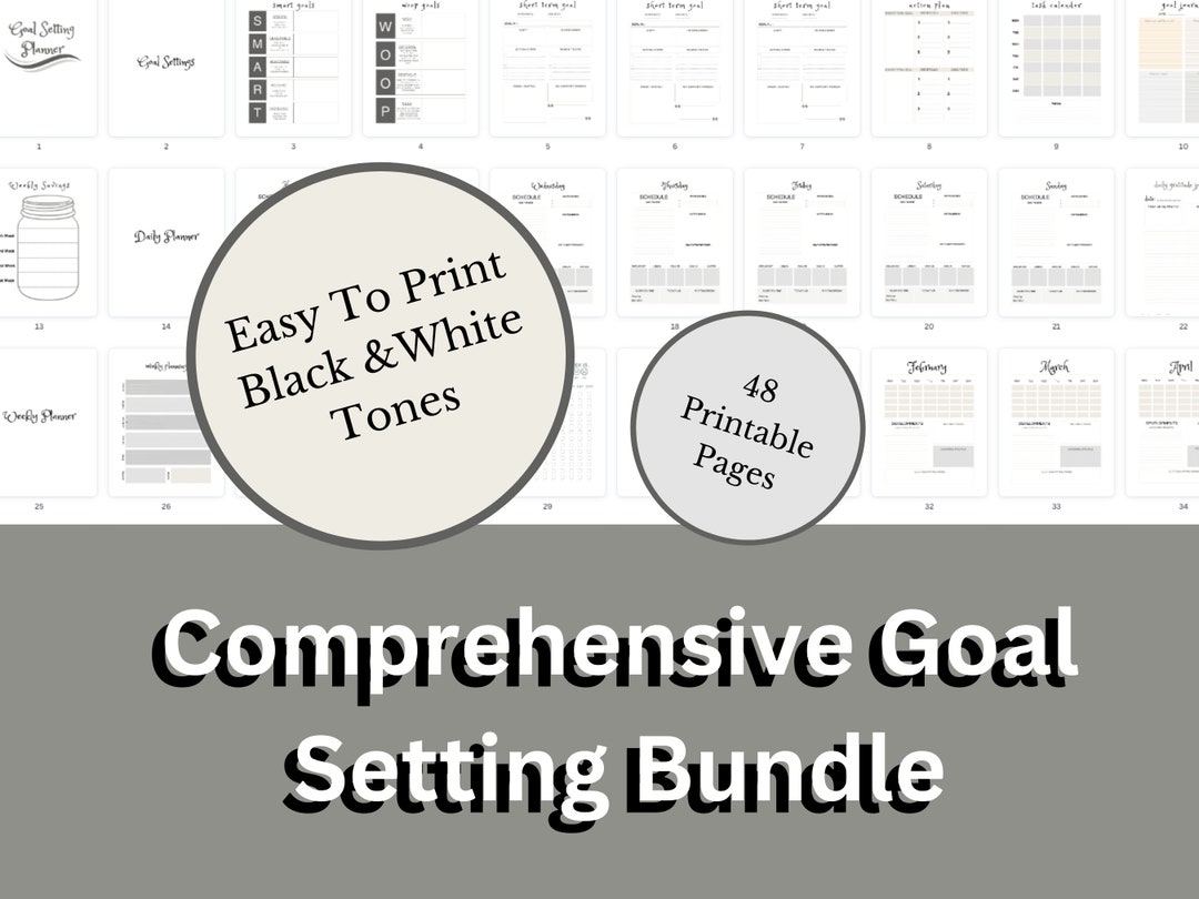Comprehensive Goal Setting Bundle Black & White Printable Goal Planner ...