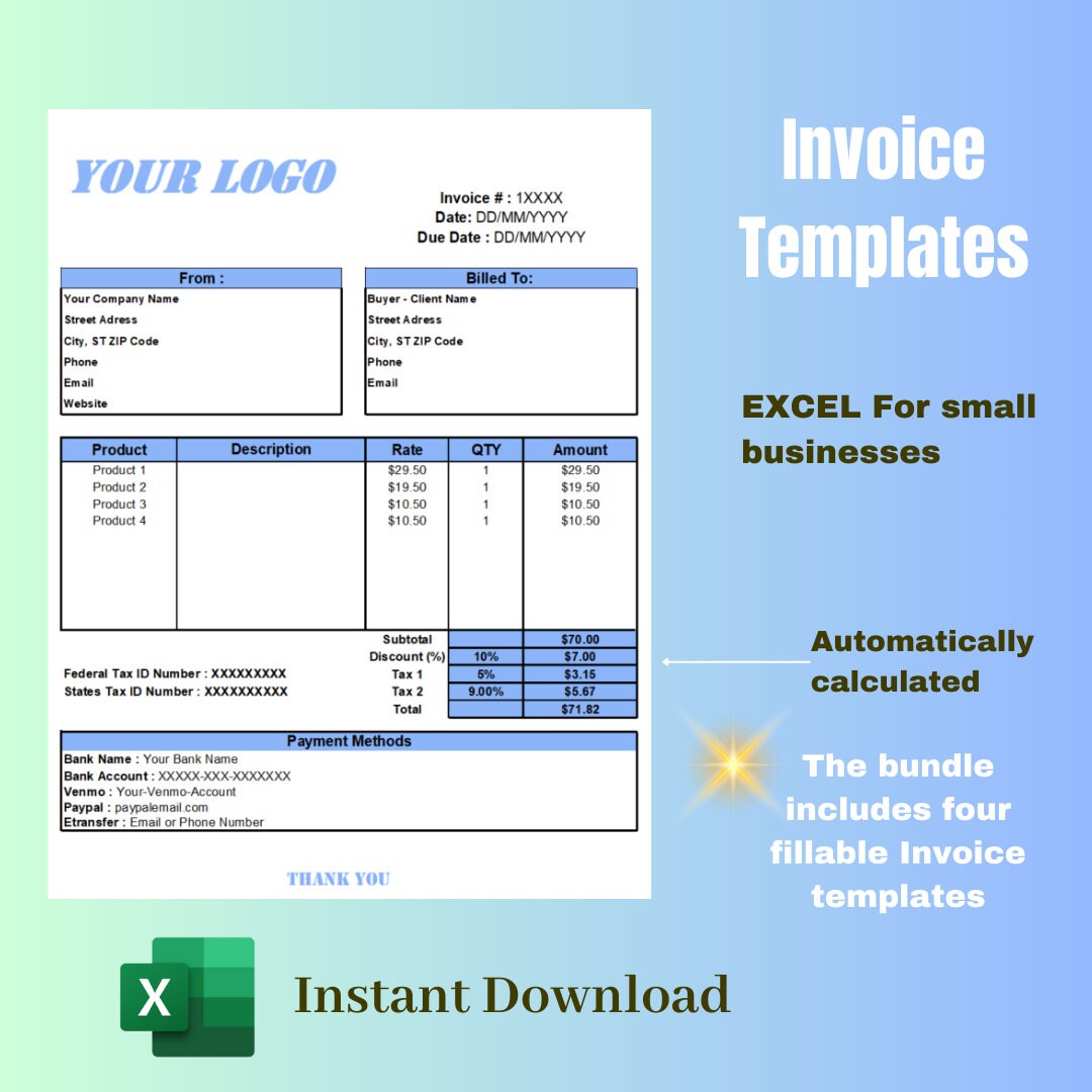 Bundle of 4 Fillable Excel Invoice Templates PDF Print Friendly French ...