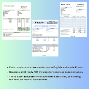 Bundle of 4 Fillable Excel Invoice Templates PDF Print Friendly French ...