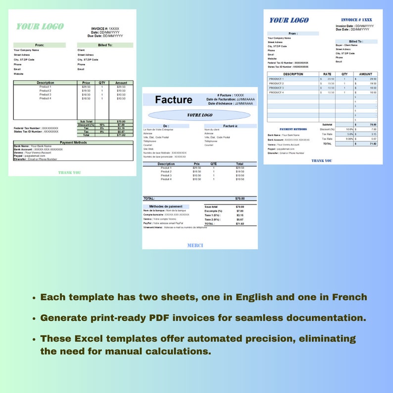 Bundle of 4 Fillable Excel Invoice Templates PDF Print Friendly French ...