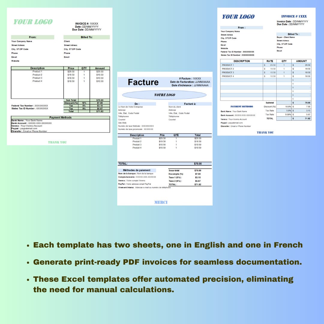 Bundle of 4 Fillable Excel Invoice Templates PDF Print Friendly French ...