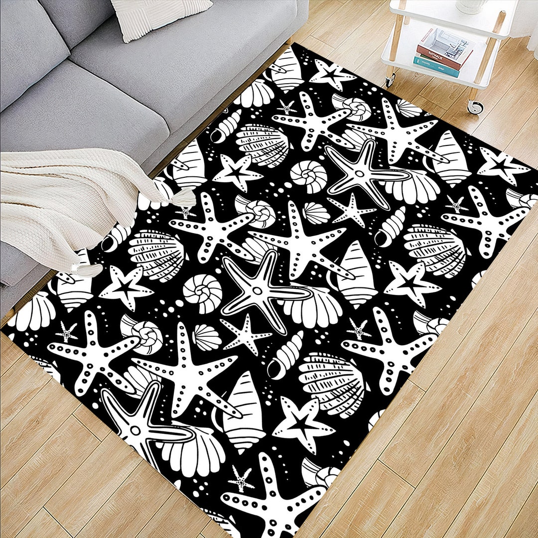 Shell Pattern Rug,starfish Rug,sea Shell Rug,black White Rug,living ...