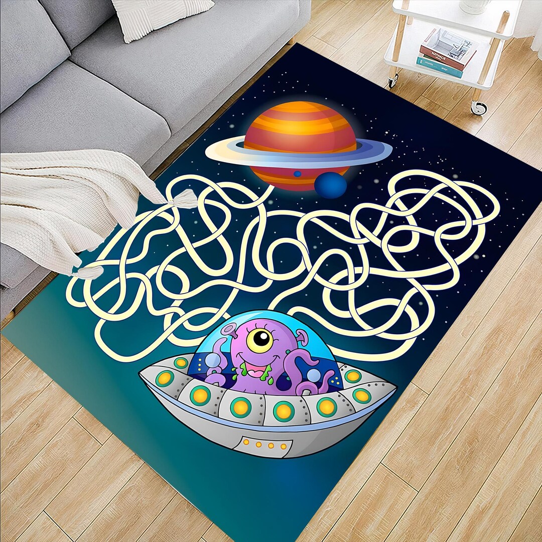 Alien UFO Kids Rug,space Adventure Rug,cute Alien Maze Design,puzzle ...