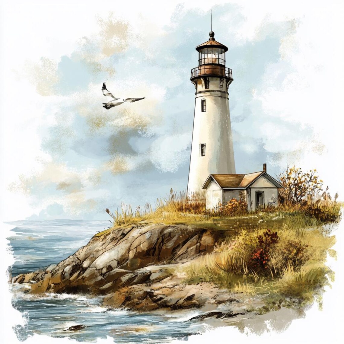 Rustic Shore Lighthouse Clip Art PNG | Hand-drawn Nautical Graphics ...