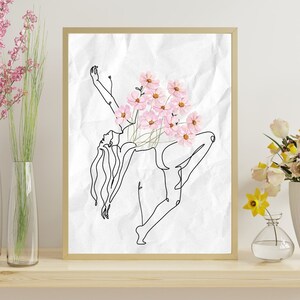 Dancing Flower Print, Minimalist Watercolor Art of Dancing Woman in ...
