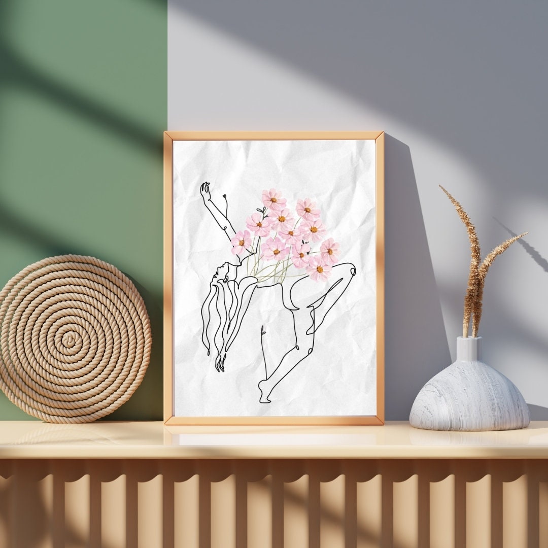 Dancing Flower Print, Minimalist Watercolor Art of Dancing Woman in ...