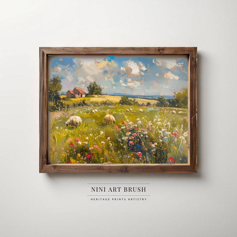 Sheep Wall Art Print Wildflower Field Landscape Painting Farmhouse ...