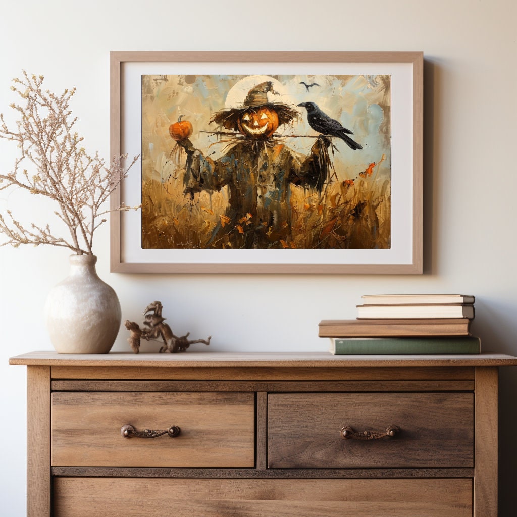 Vintage Scarecrow Painting Fall Print Spooky Autumn Print Scarecrow Oil ...