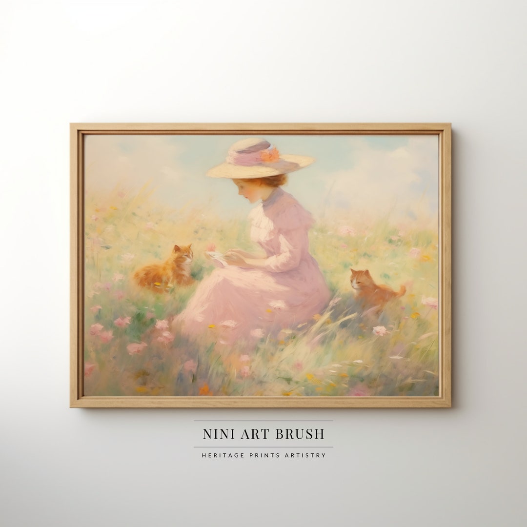 Lady Cat Painting Coquette Room Decor Spring Decor Cat Art Floral Wall ...