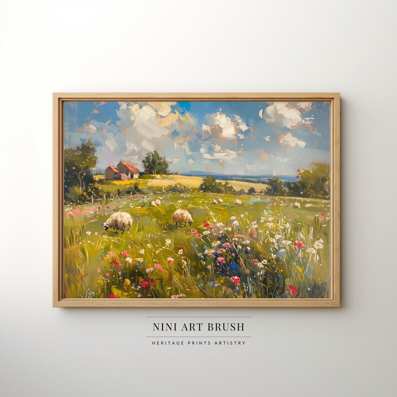 Sheep Wall Art Print Wildflower Field Landscape Painting Farmhouse ...