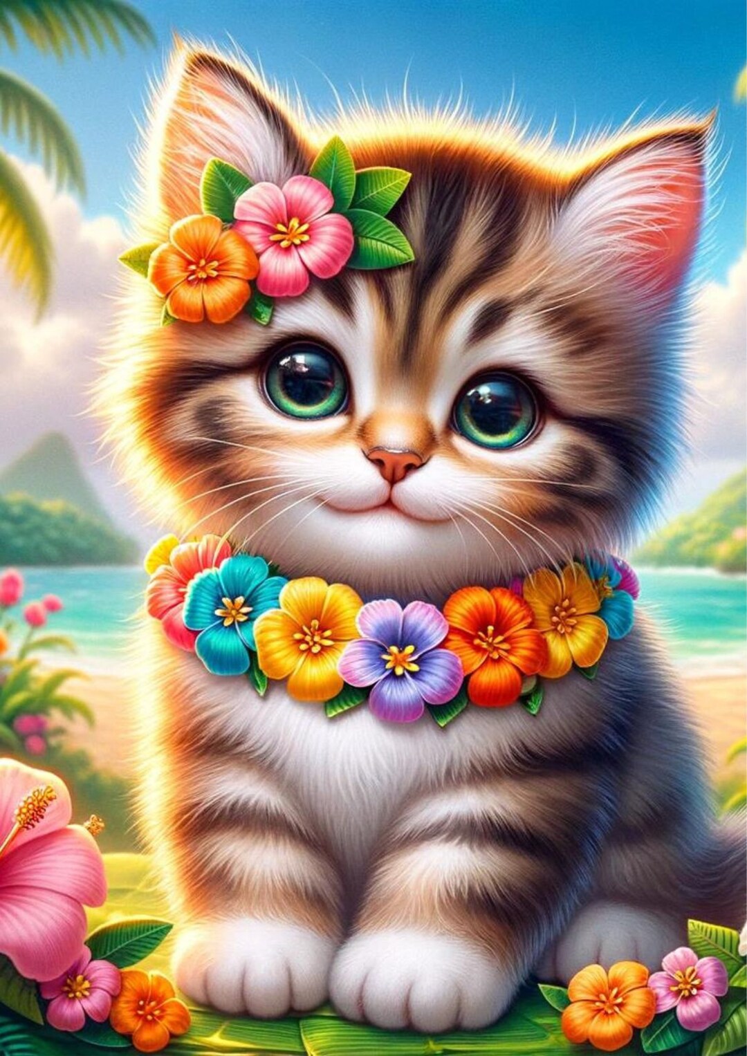 Adorable Hawaiian Kitten Print, Tropical Cat Art, Aloha-themed Feline ...