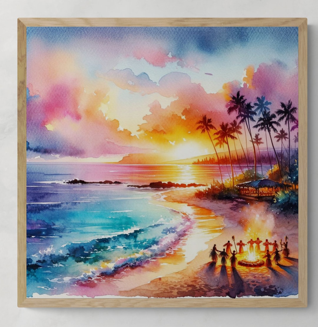 Hawaiian Beach Watercolor Print - Tropical Ocean Landscape, Vibrant ...