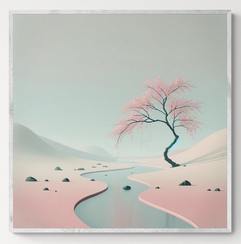 Zen Cherry Blossom Wall Art - Minimalistic Pink Flower Tree Print ...