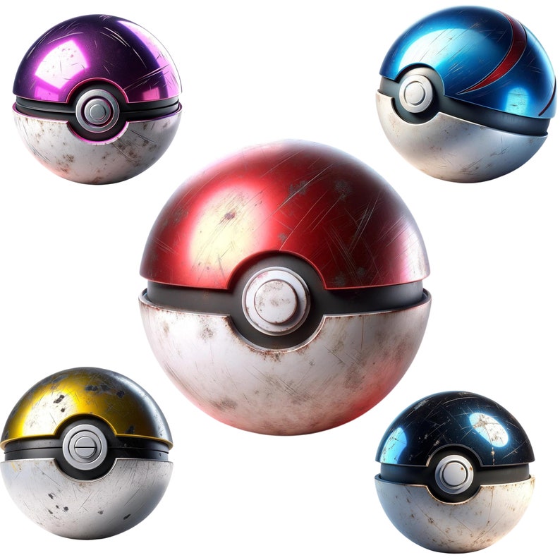 Realistic Pokéball Art Bundle – Set of 5 Digital Prints With Vintage ...