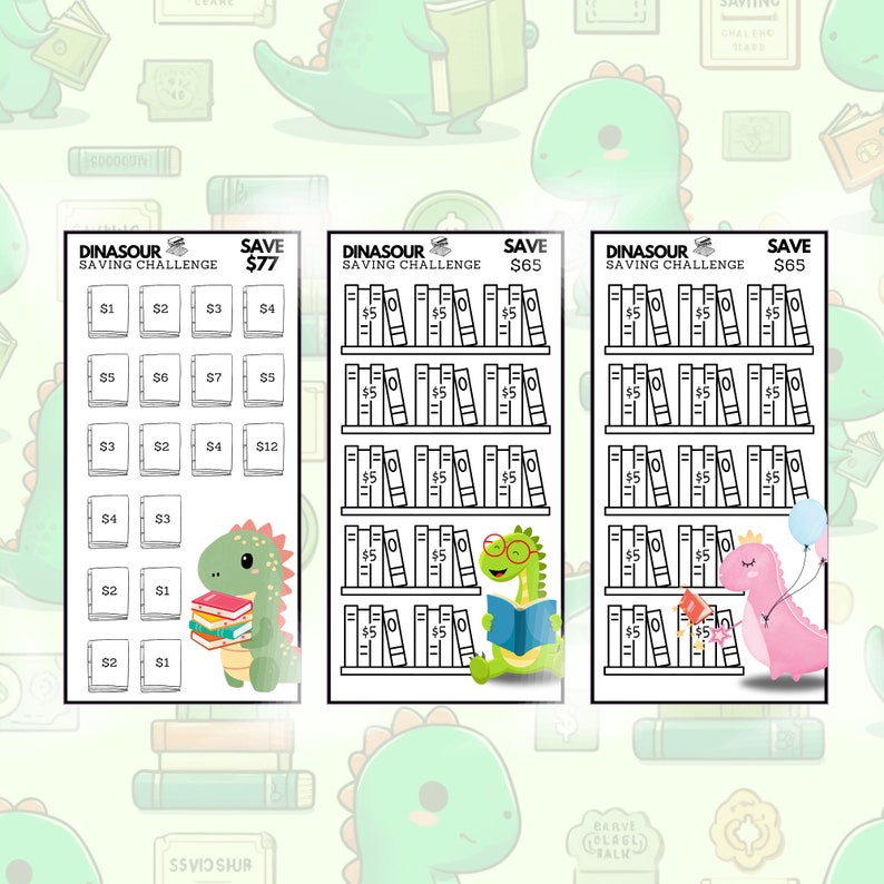 Bundle 3 Dinasour Book Savings Challenge Printable for Cash Stuffing ...