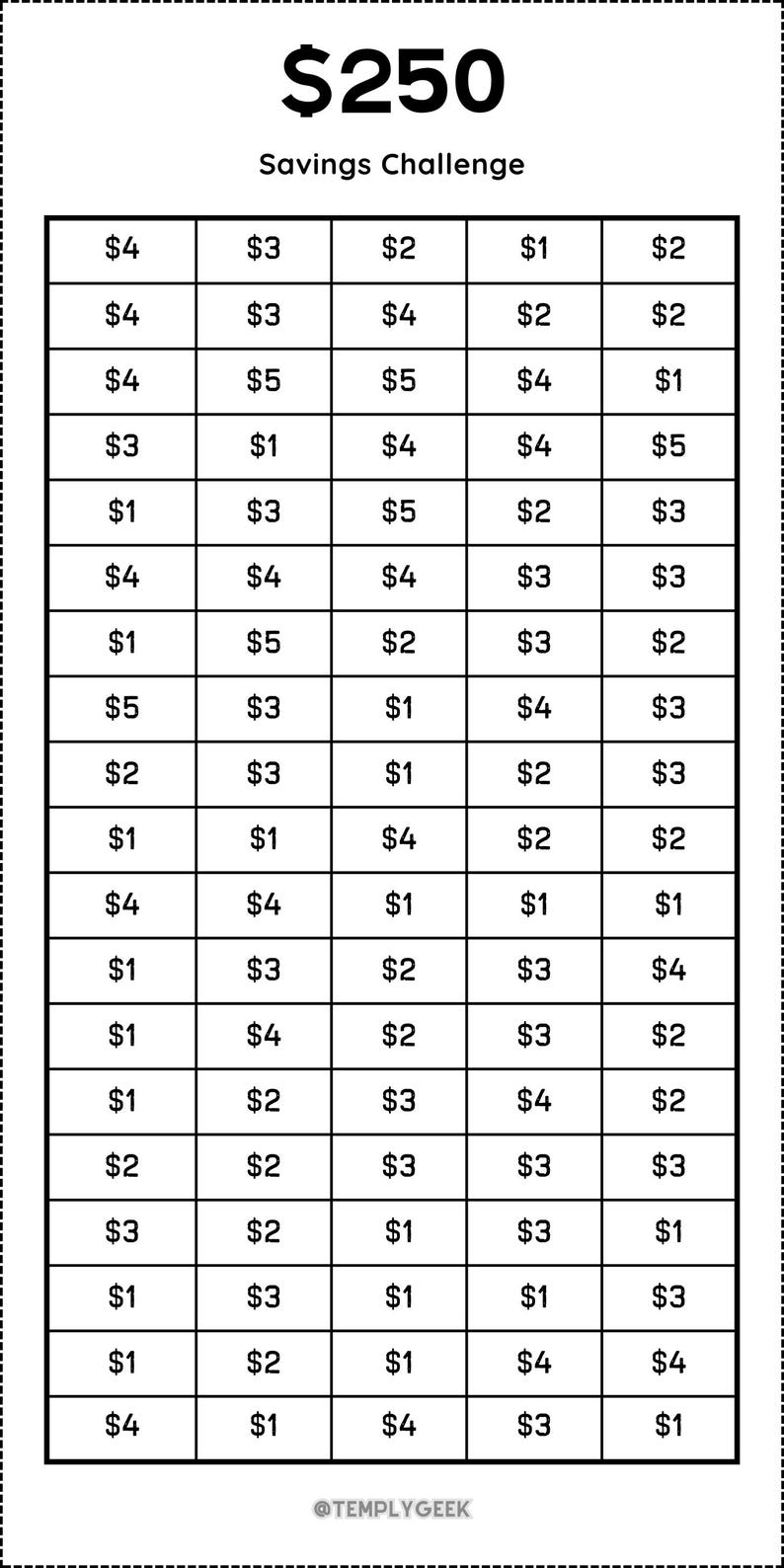 250 Dollar Savings Challenge - Printable - Digital Download - PDF ...