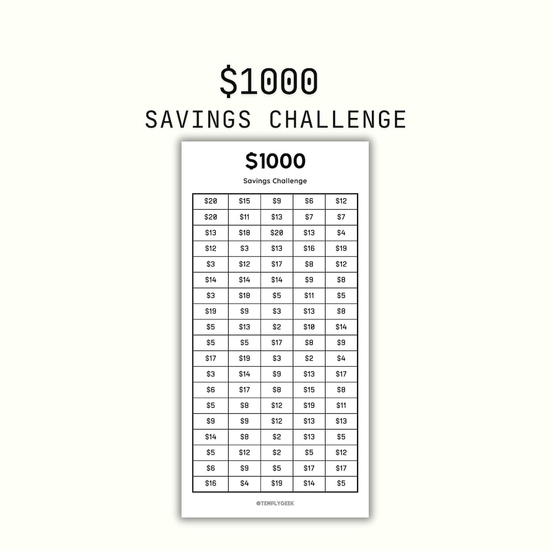 1000 Dollar Savings Challenge - Printable - Digital Download - PDF ...