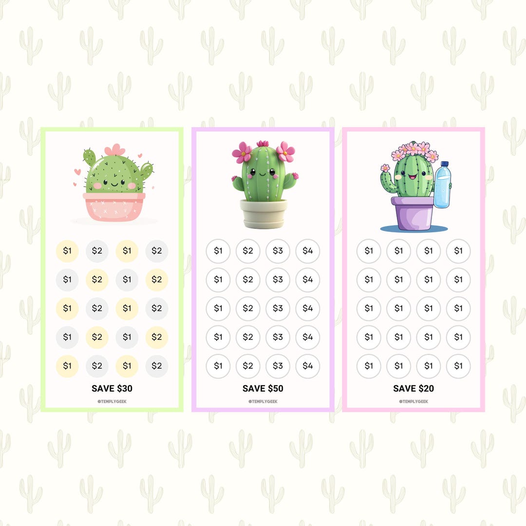 Cute Kawaii Cactus Challenges, Mini Money Tracker, Money Savings ...
