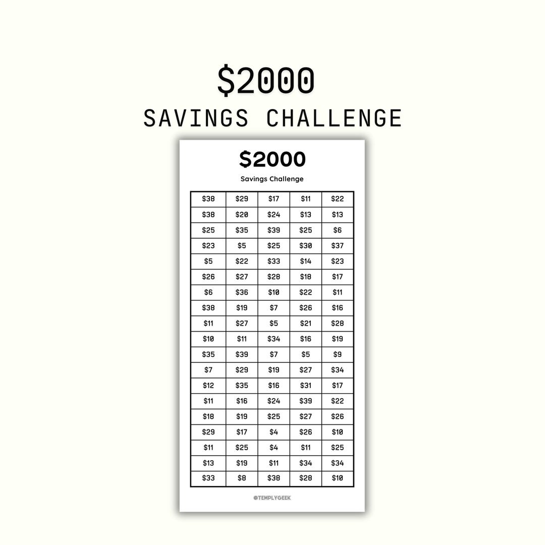 2000 Dollar Savings Challenge - Printable - Digital Download - PDF ...