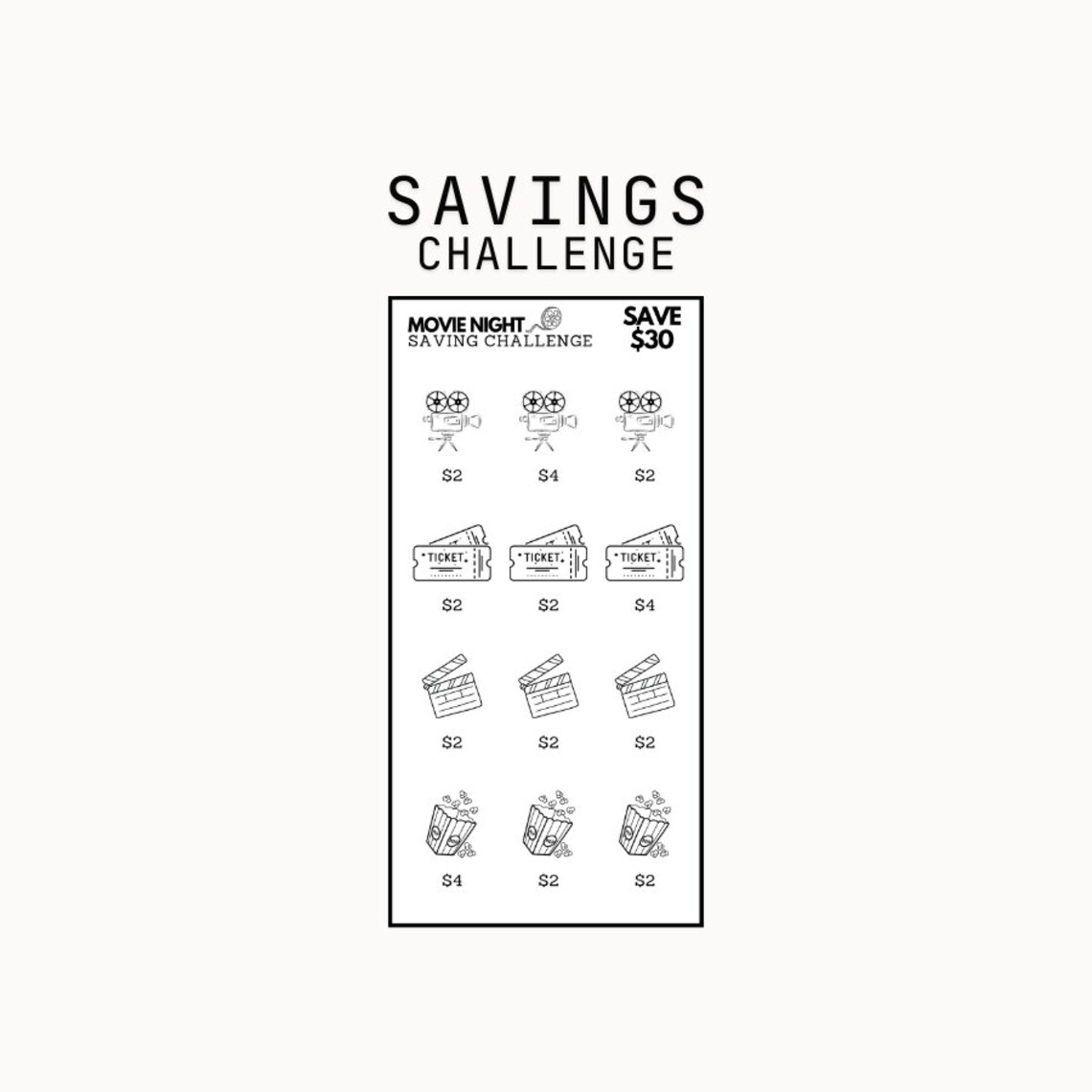 Movie Night Savings Challenge Printable for Cash Stuffing | A6 ...