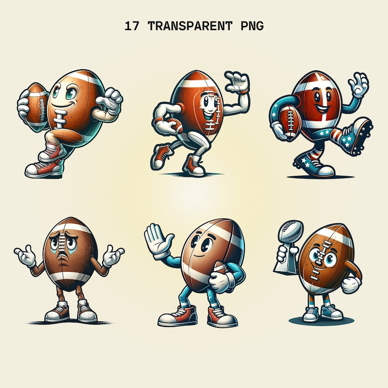 Cute Watercolor American Football Cartoon Character Clipart Set,mascot ...