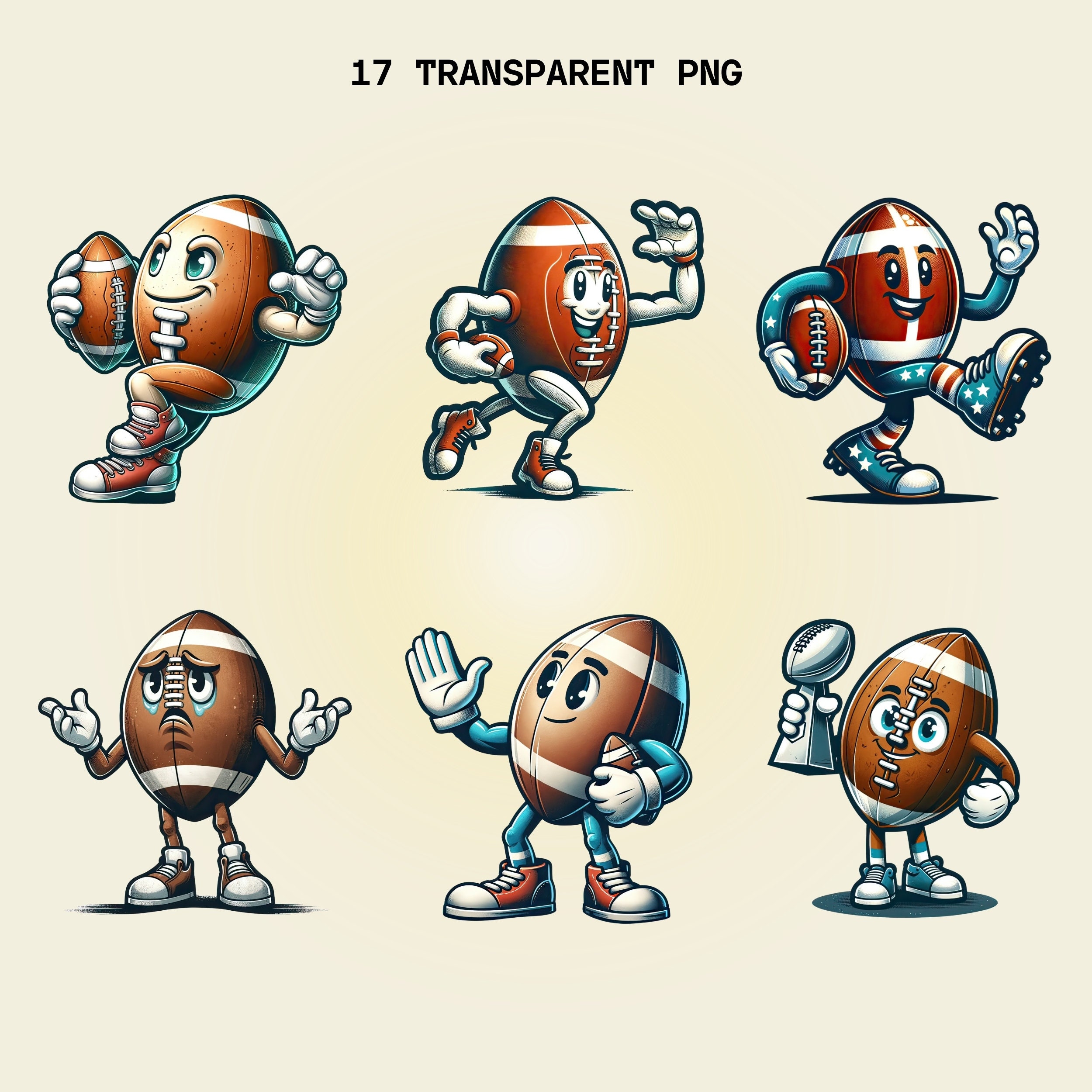 Cute Watercolor American Football Cartoon Character Clipart Set,mascot ...
