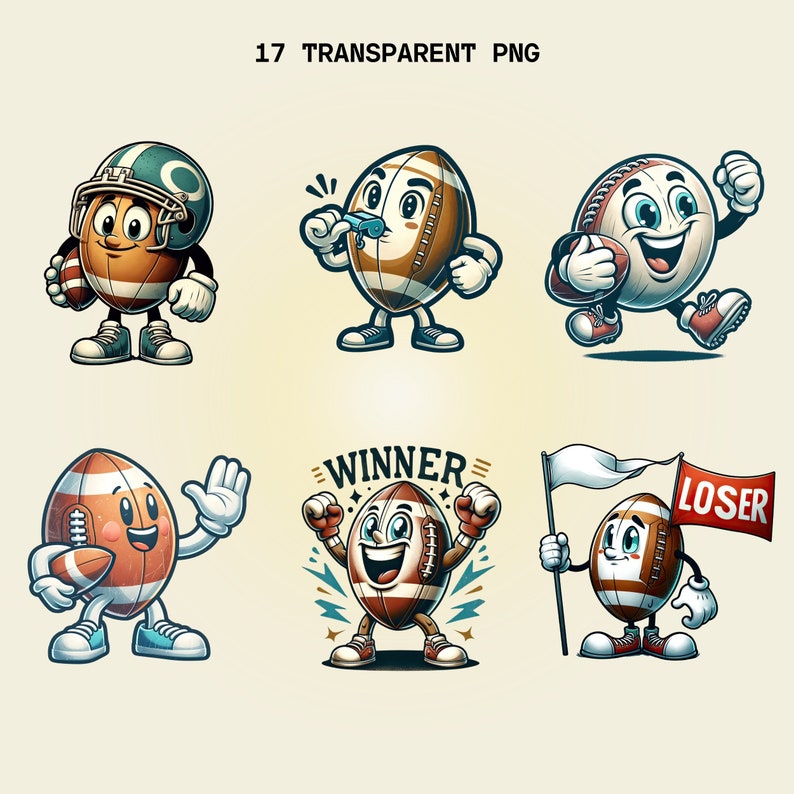 Cute Watercolor American Football Cartoon Character Clipart Set,mascot ...