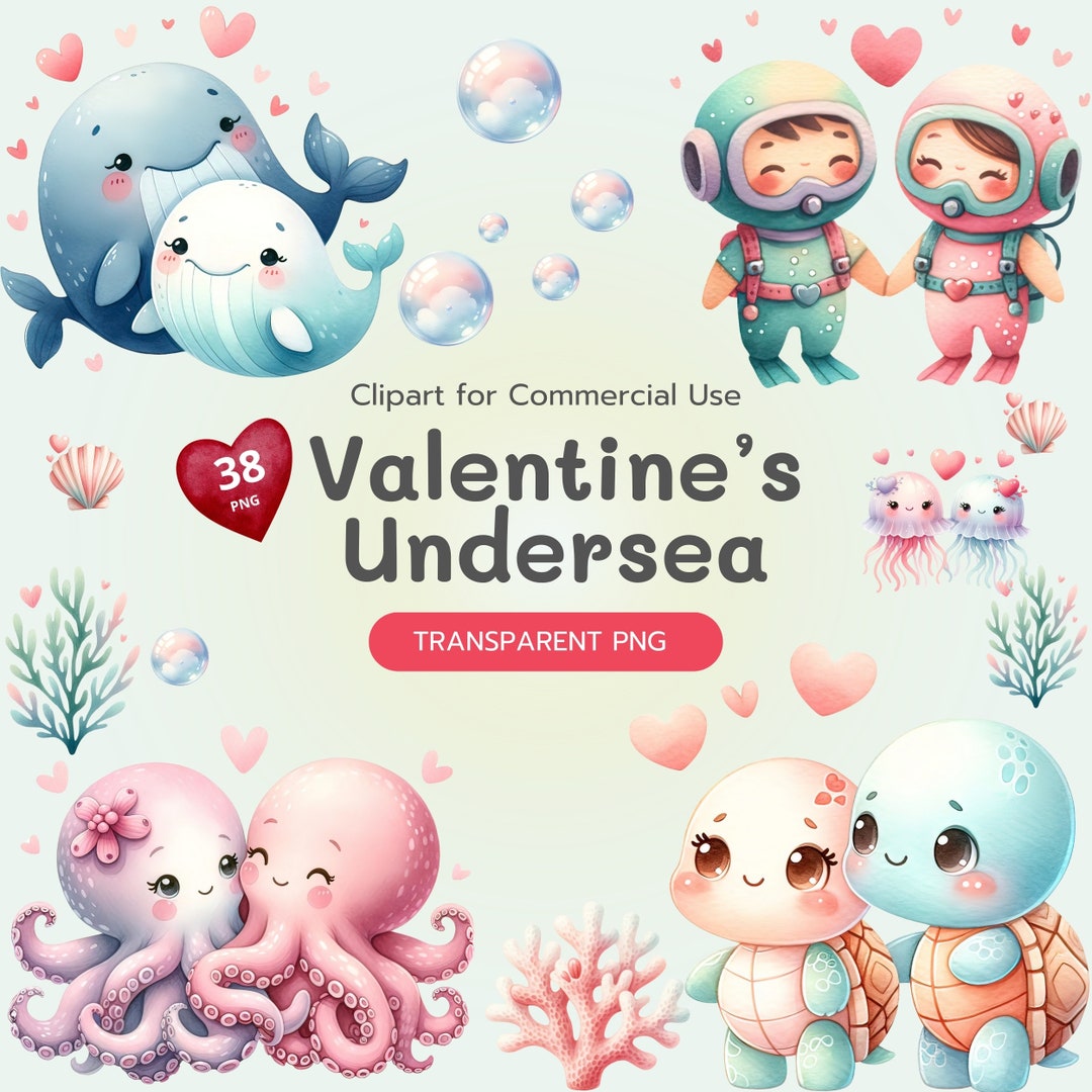 Valentines Undersea Watercolor Clipart, Couple Animals Underwater ...
