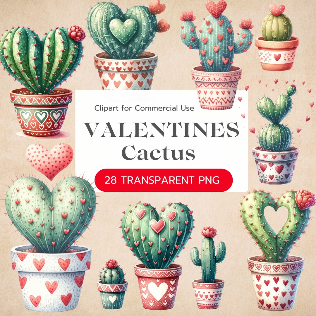 Valentines Day Cactus Clipart,cacti With Hearts, Watercolor Cactus ...