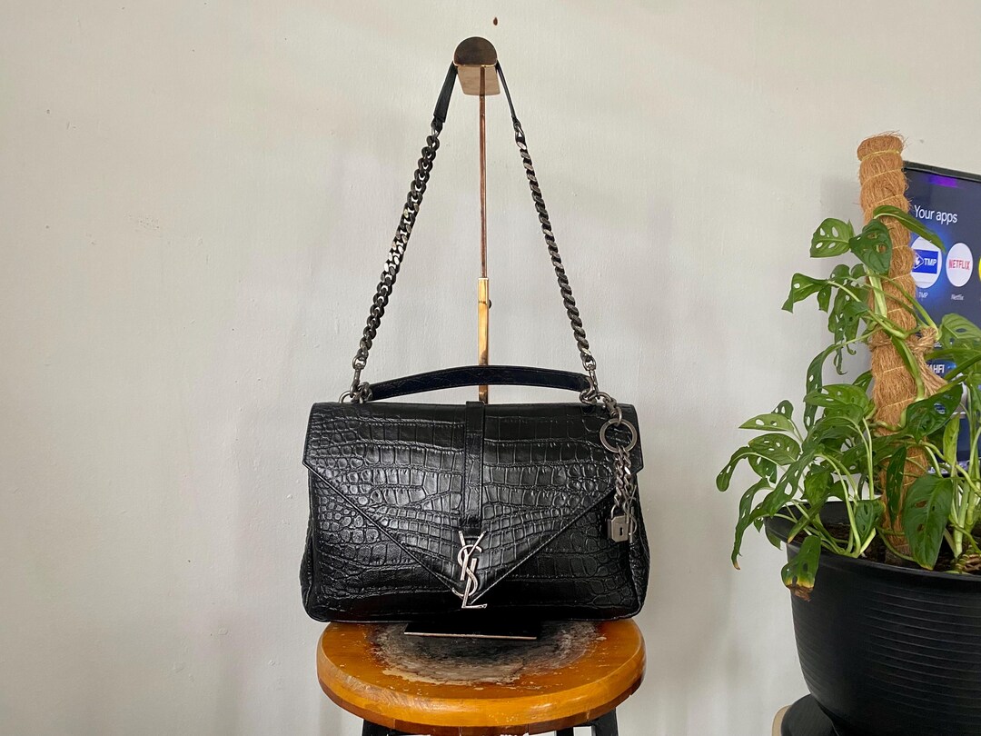 Vintage YSL College Leather Pattern Large Size Women Shoulder Bag ...