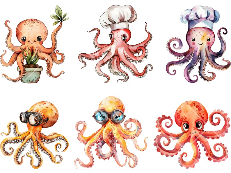 Cute Octopus Clipart, Watercolor Ocean Animals, for Nursery Decor ...