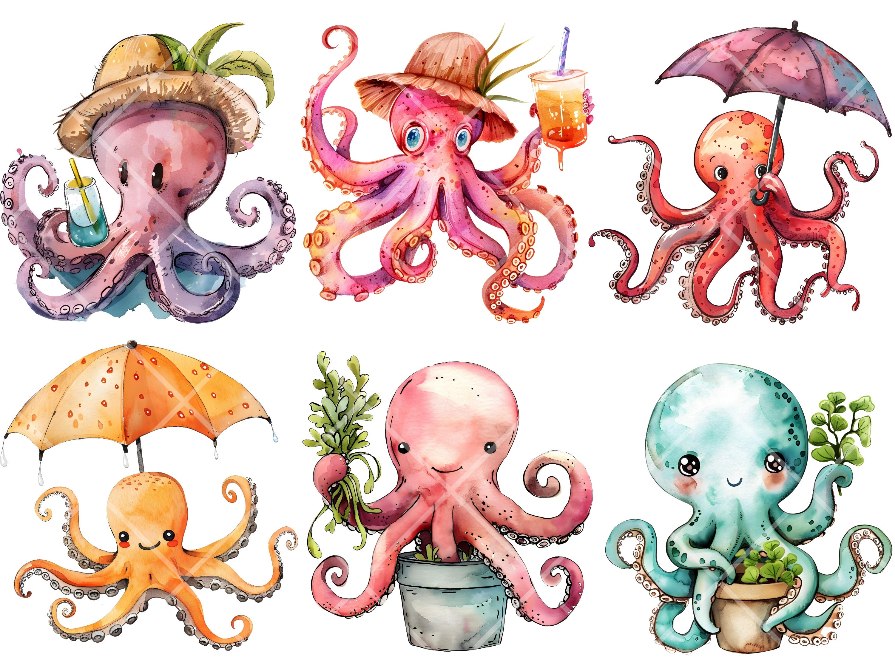 Cute Octopus Clipart, Watercolor Ocean Animals, for Nursery Decor ...