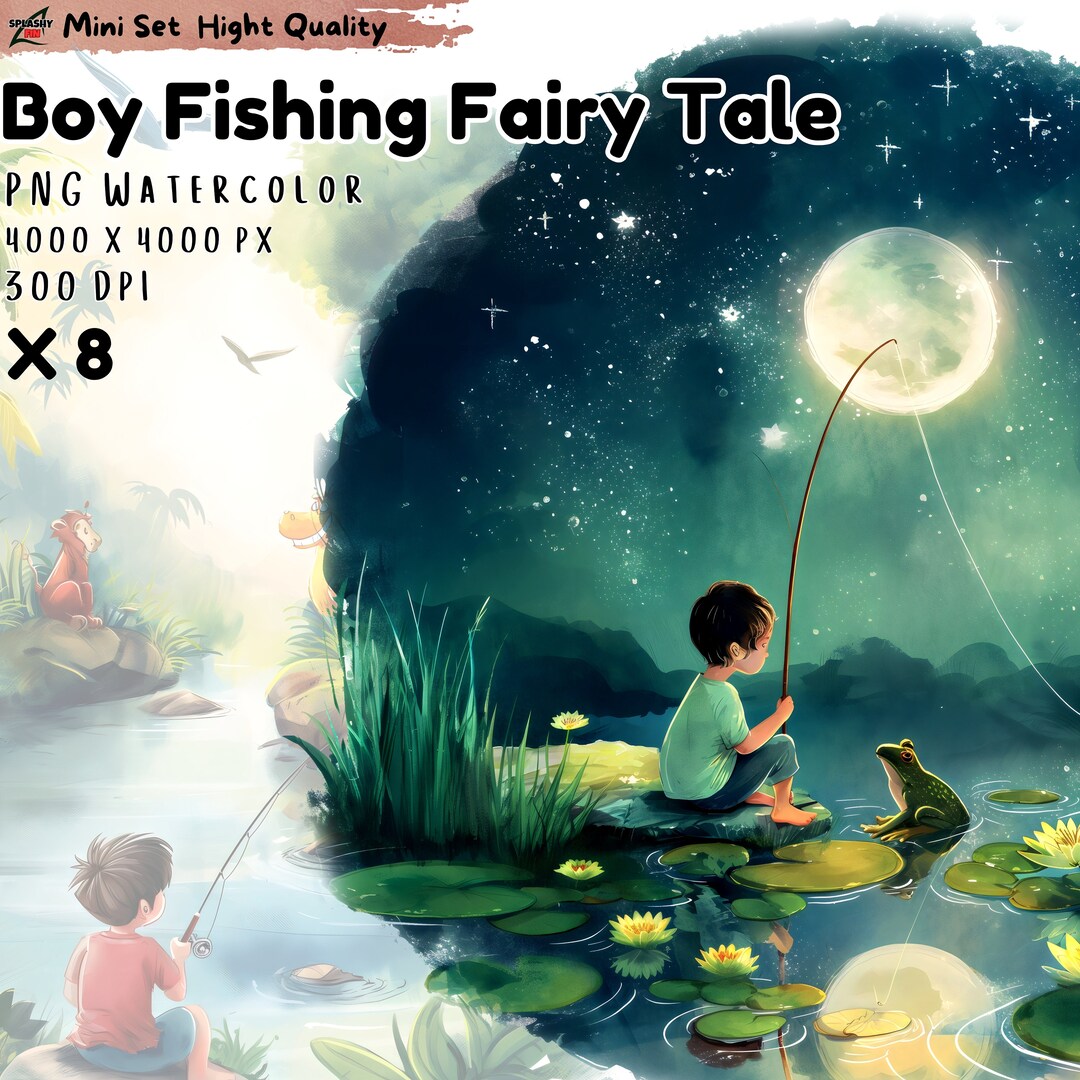 Boy Fishing Clipart, Watercolor Children Fishing Fairy Tale Word ...