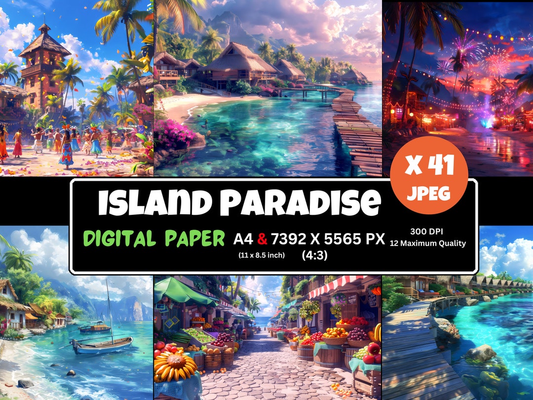 Paradise Island Digital Paper, Watercolor Tropical Ocean Life ...