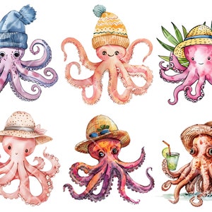 Cute Octopus Clipart, Watercolor Ocean Animals, for Nursery Decor ...