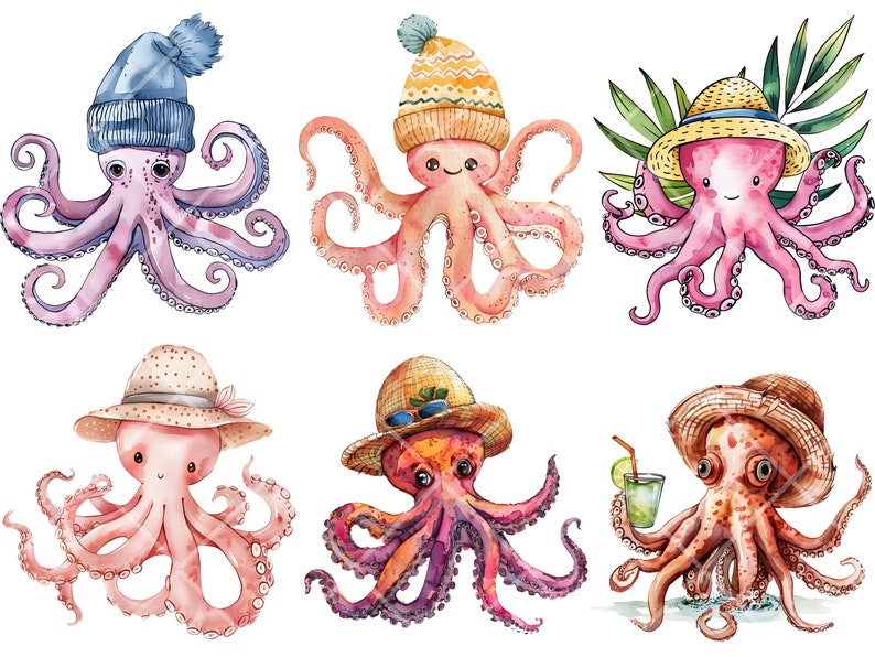 Cute Octopus Clipart, Watercolor Ocean Animals, for Nursery Decor ...